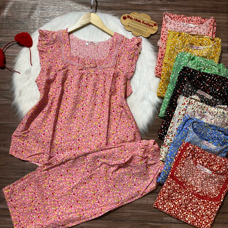Welded silk sundress set with floral pattern and ruffles with 2 slanted ...