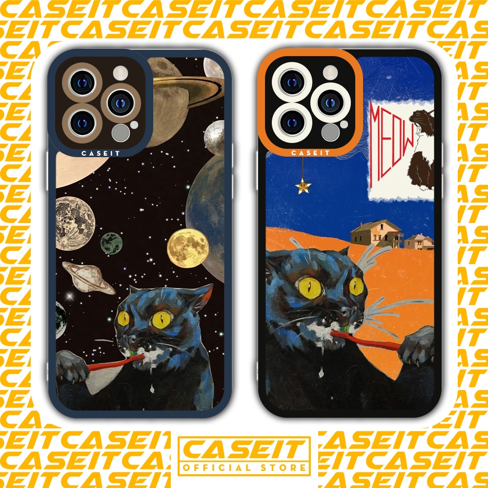 Caseit square edge iphone case black cat meme brushing teeth aesthetic ...