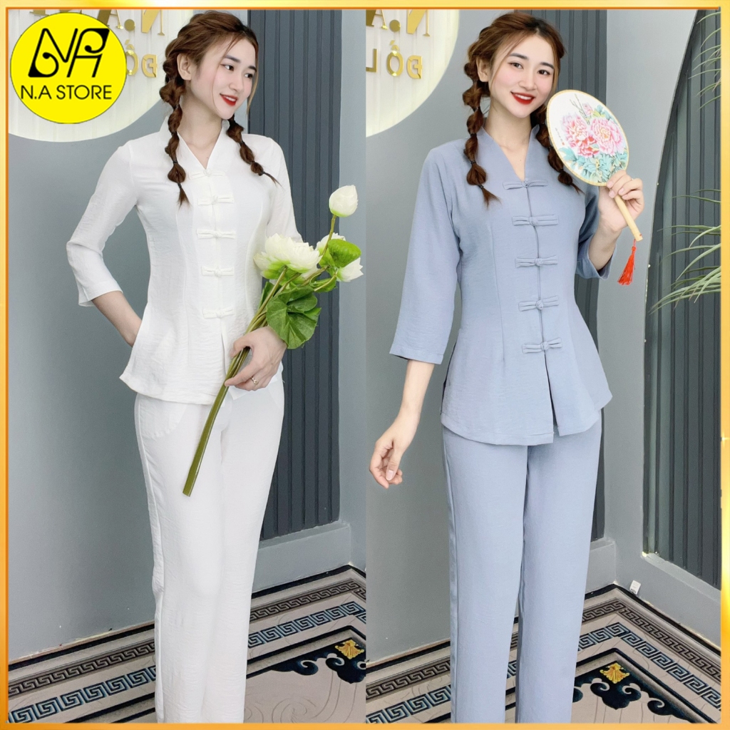 Women's Pagoda Outfits - Plain Lam Ba Lai Set with Handmade Knot Fabric ...