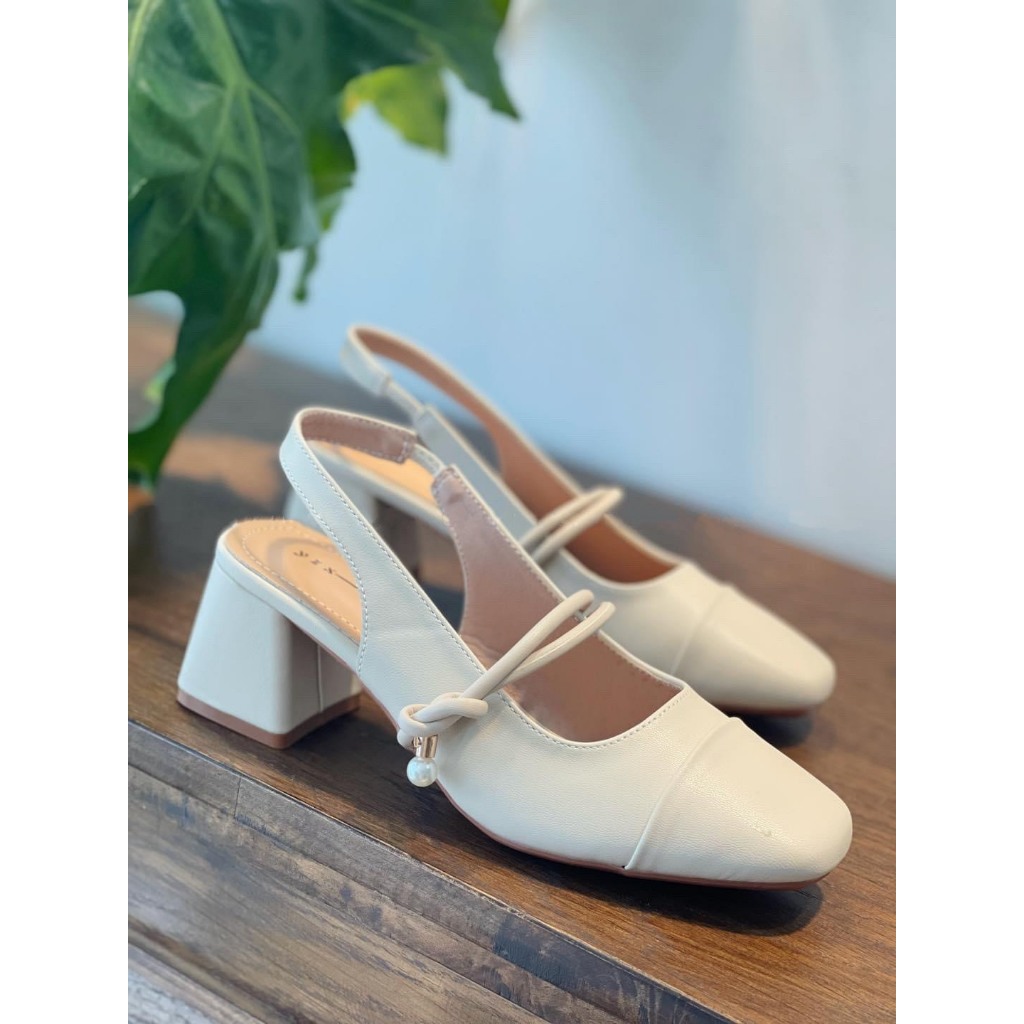 Round Toe High Heels Connecting Backless Horizontal Straps With Pearl ...