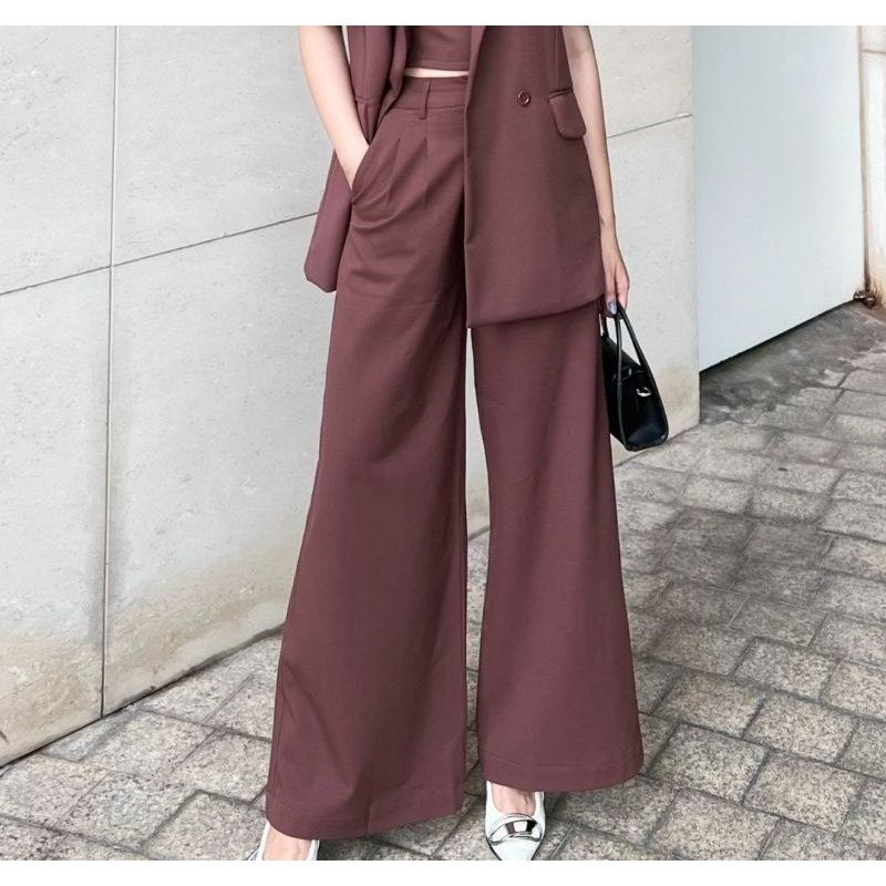 Femei - SARA PANT - high-waisted Wide-leg trousers (2 colors) | Shopee ...