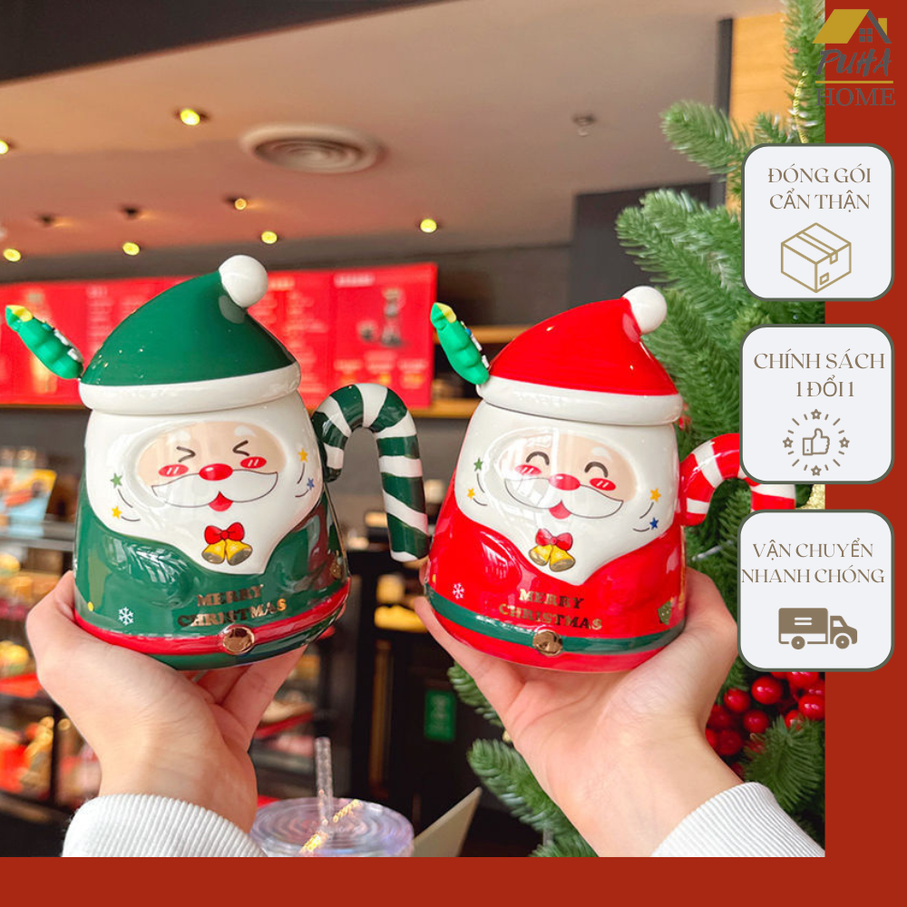 Santa Claus Ceramic Cup With Stainless Steel Spoon With Cute Pine Tree ...