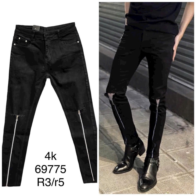 Jeans with vertical zips on 2 legs and torn knees, basic black 4-button ...