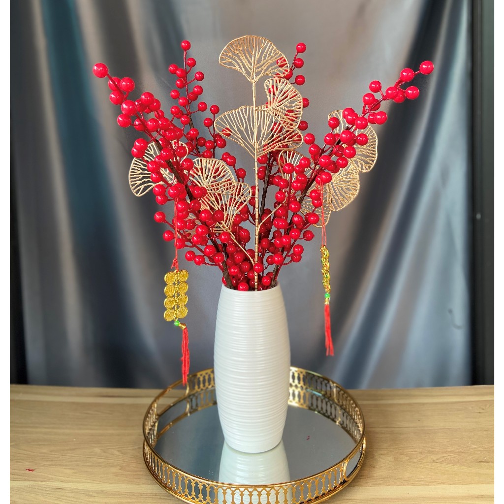 Set of whole red winter peach vase with 6 branches - 60cm high - Place ...