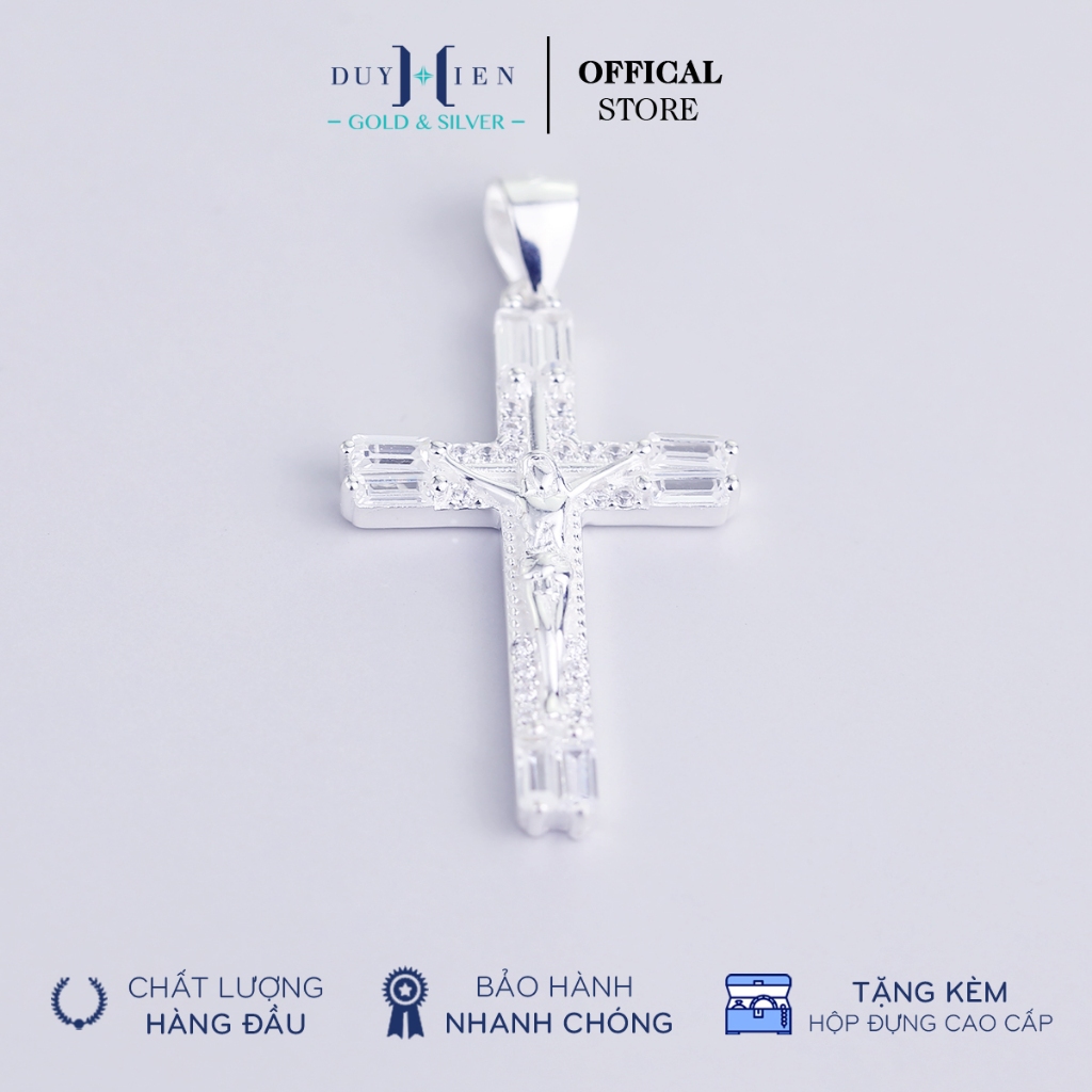 Duy Hien Pure S990 Silver Pendant Cross Shape with Jesus Statue with Luxurious 4-Headed Baguette ...