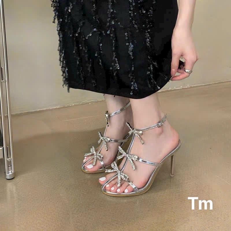 (Type 1) Super beautiful 3-strap high heels with stone bows, 9 cm high ...