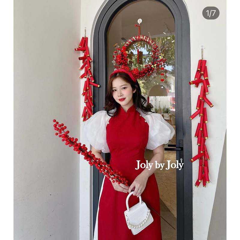 Tet Ao Dai 2024 Puffed Sleeves With Pearl Trim | Shopee Malaysia