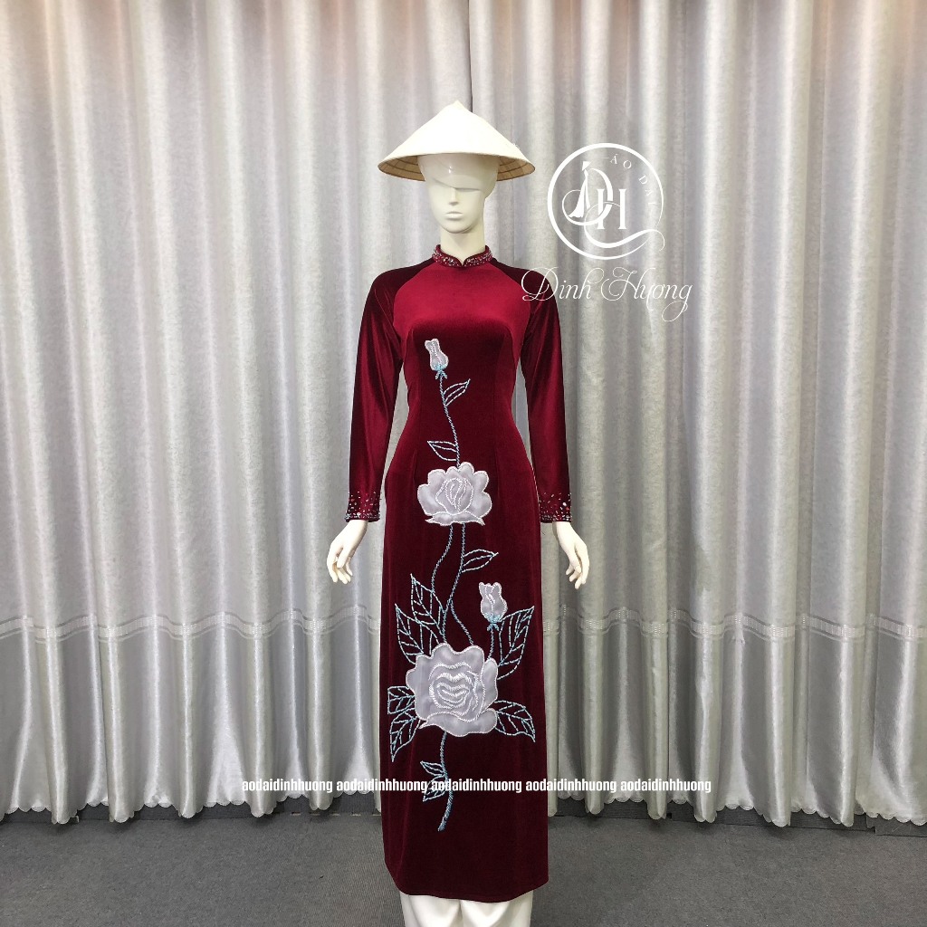Ding Huong velvet ao dai in RED color with frangipani white rose motifs ...