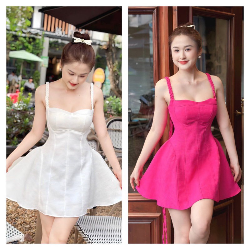 Scratch linen 2-strap dress (2 layers with bust) with lovely ladylike flare | Shopee Malaysia