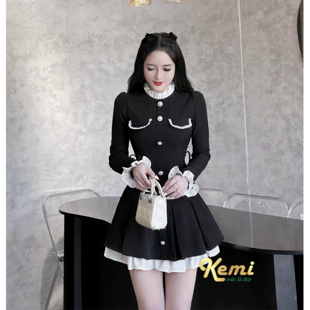 Lady dress, A-shaped party dress with flared pleats, round neck, long sleeves, Kemi shirt trim ...