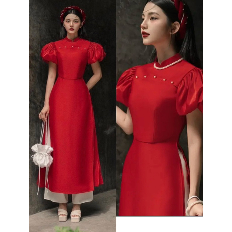 Ley092 Women's Modern Ao Dai, Red CNY Ao Dai with Ball Sleeves and ...