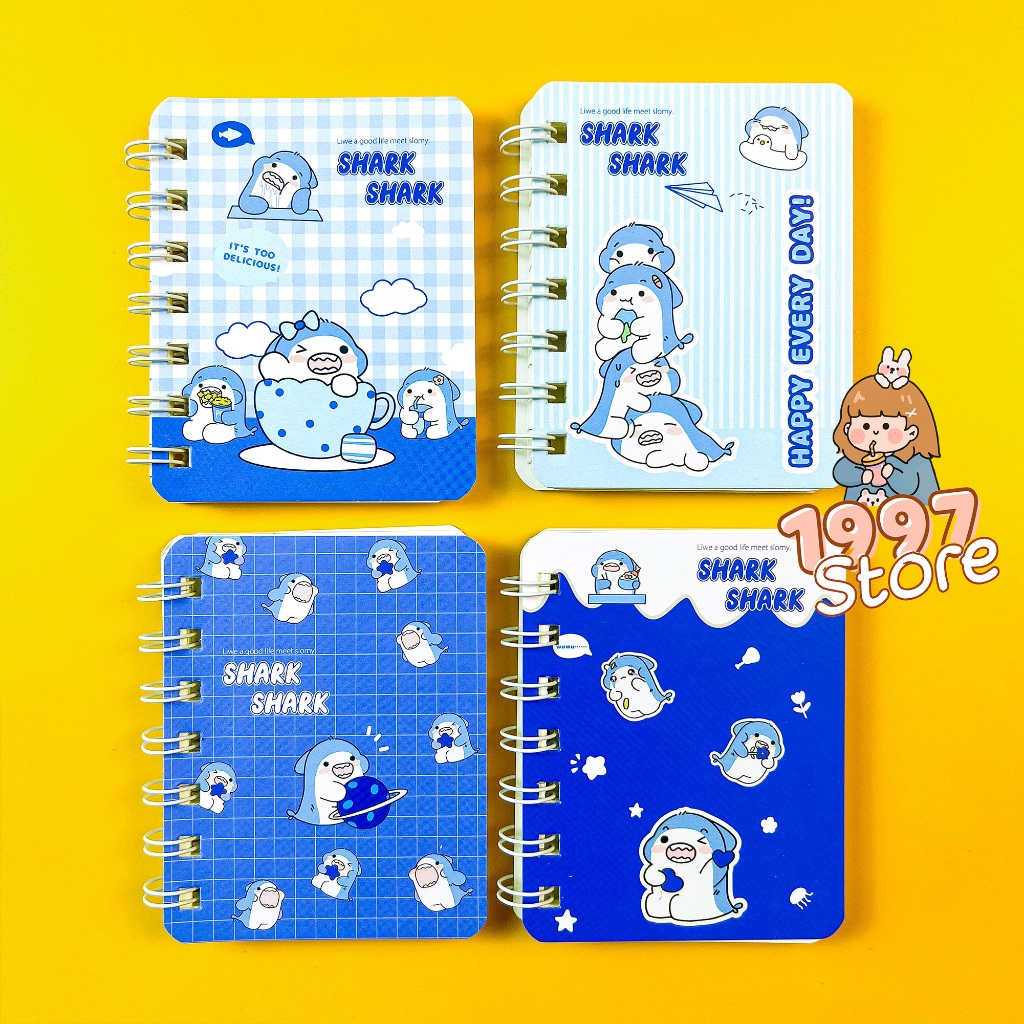 XO Set of 4 Cute Shark-shaped cover notebooks, pocket-sized mini spring ...