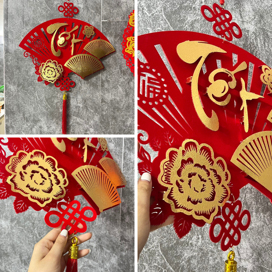 Khanh Red Velvet Fan Engraved With Flower Tet - Chinese Tet Decoration ...