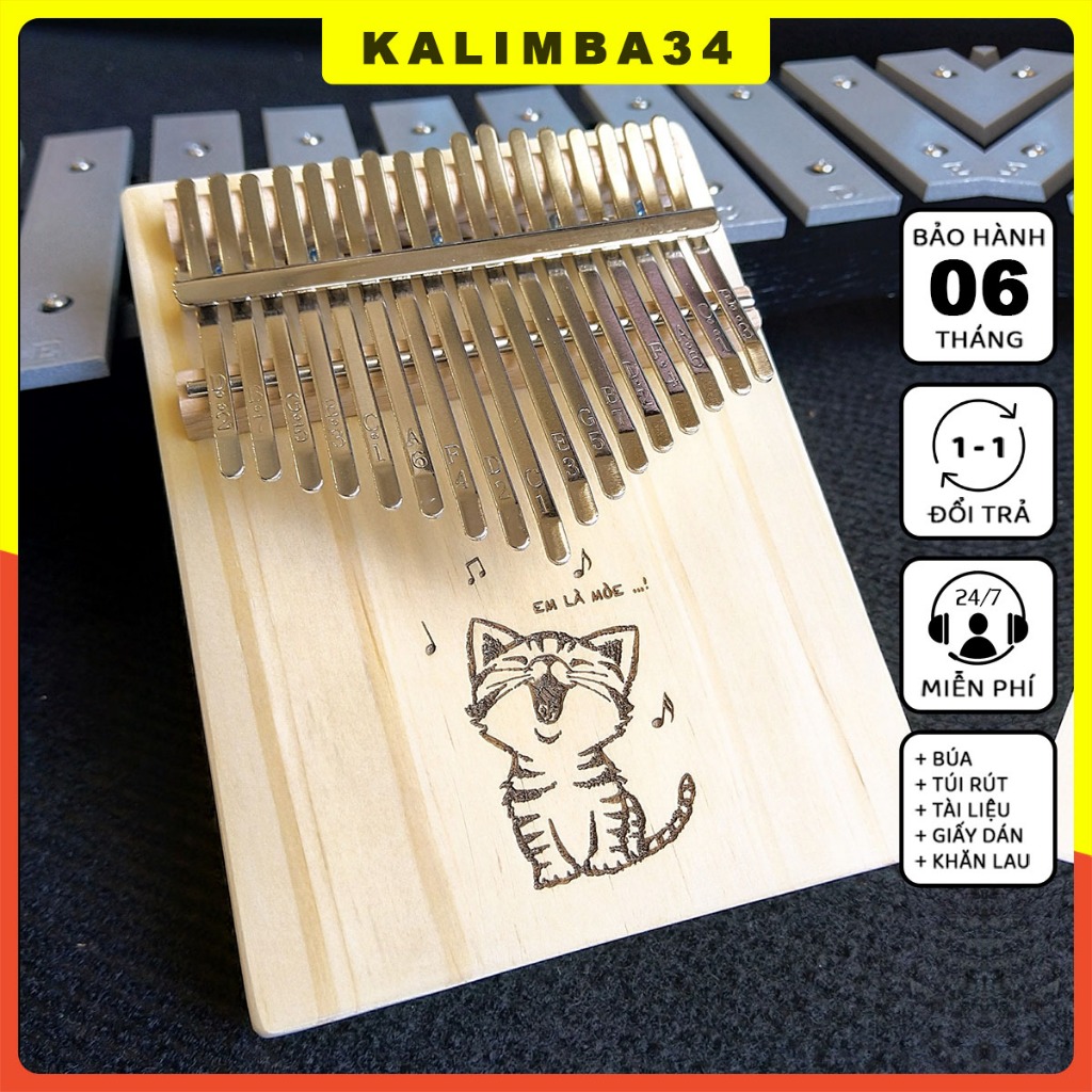 17-key Kalimba engraved with cute cat images KL34, rectangular wooden ...