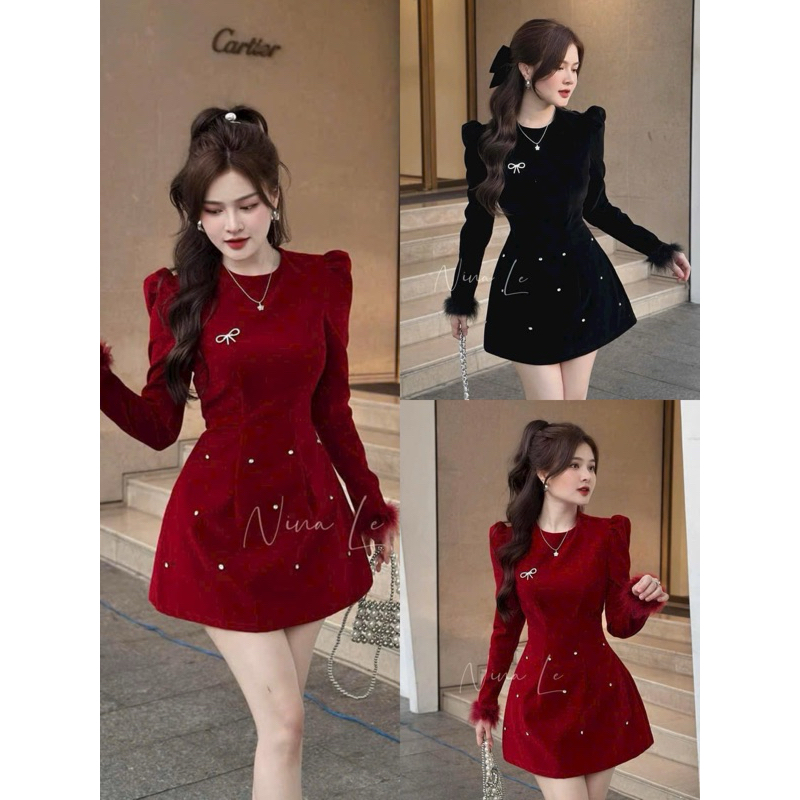 Cute CNY Wearing Dress For Women With Hard Velvet Fashion Genuine Long Sleeve Round Neck With ...