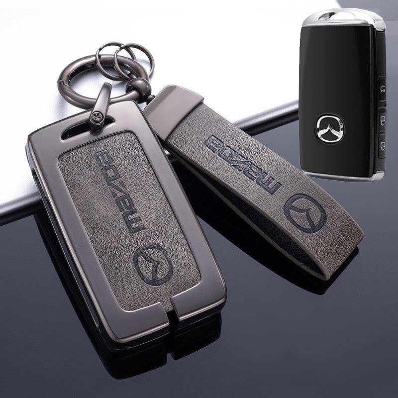 Car lock cover with metal rim and cowhide surface for Mazda 3 CX3 CX30 ...