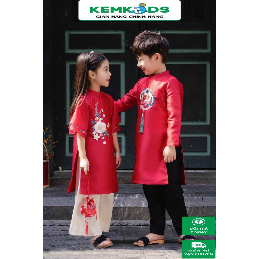 Innovative ao dai set Kem kids Boys and girls embroidered with flowers ...