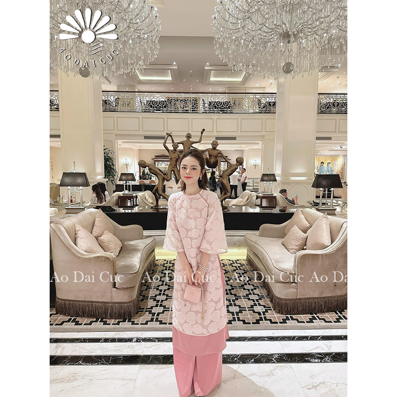 Cam Anh pink ao dai with 4 panels, embossed brocade, suitable for ...