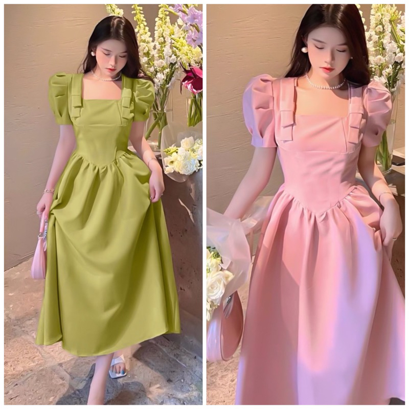 Pastel pink avocado green dress with square neck and puff sleeves ...