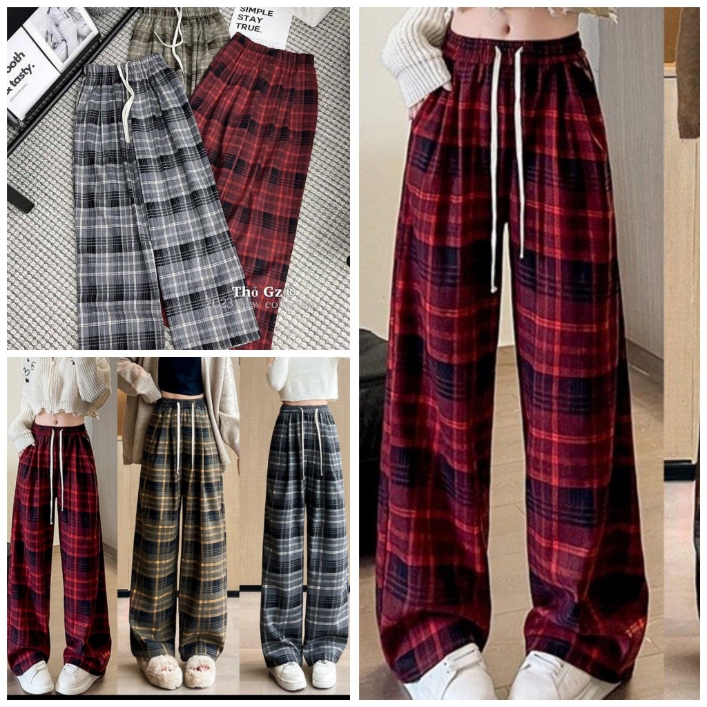 Wide Leg Plaid Pants Drawstring Thick Fabric Elastic Waist Loose Plaid ...