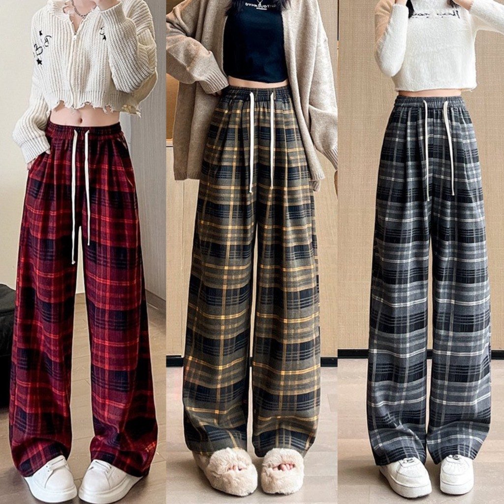Wide Leg Plaid Pants Drawstring Thick Fabric Elastic Waist Ulzzang ...