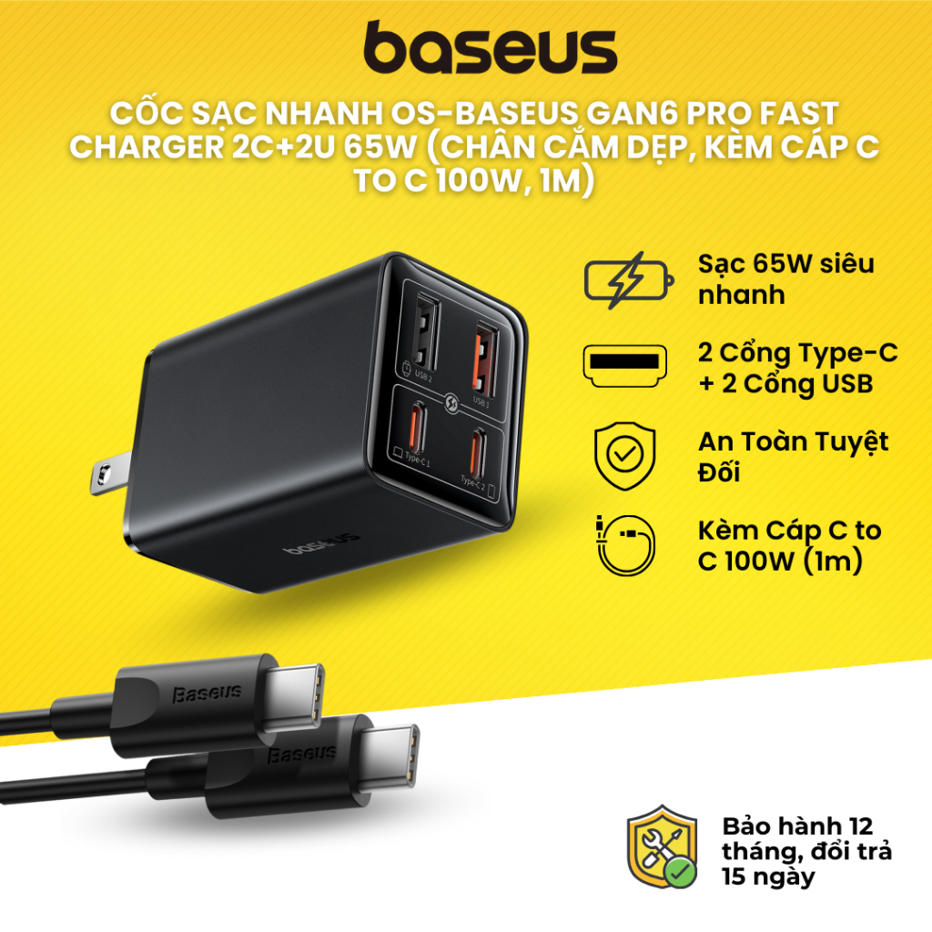 OS-Baseus GaN6 Pro Fast Charger 2C+2U 65W (Flat plug, 100W C to C cable ...