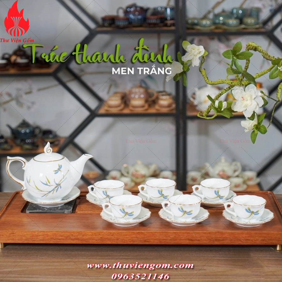 Tea Set, High Quality Bat Trang Tea Set Thanh Dinh Bamboo White Enamel ...
