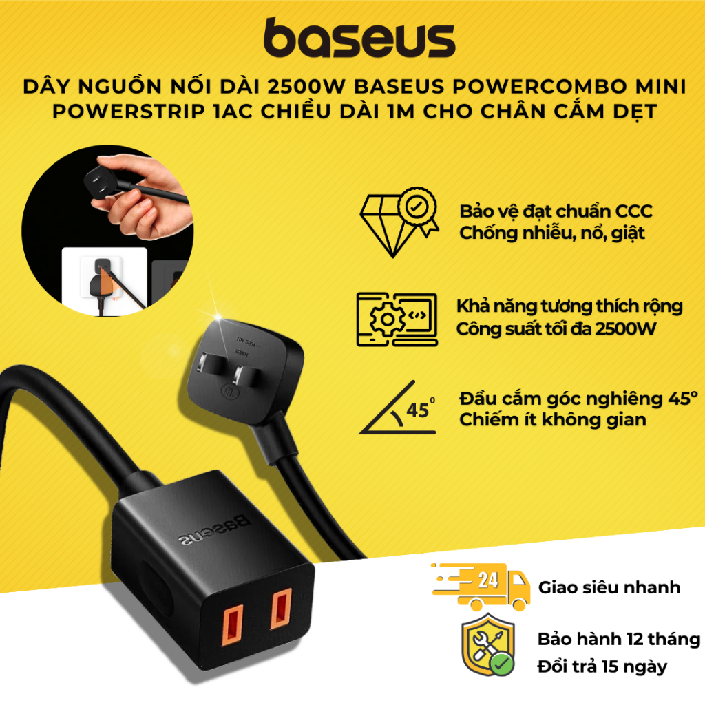 Baseus PowerCombo mini PowerStrip 1AC 2500W extension power cord ...