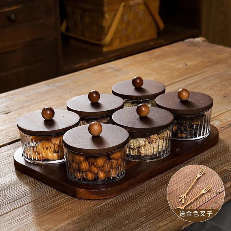 Glass jam tray with 6 round jars with luxurious wooden lids | Shopee ...