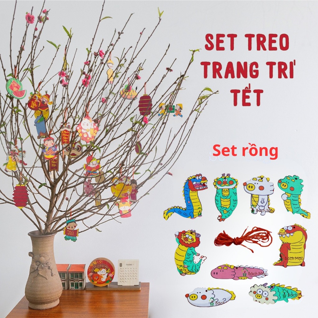 Tet Theme Coloring Wooden Set With Perforated + Decorative Hanging Rope ...