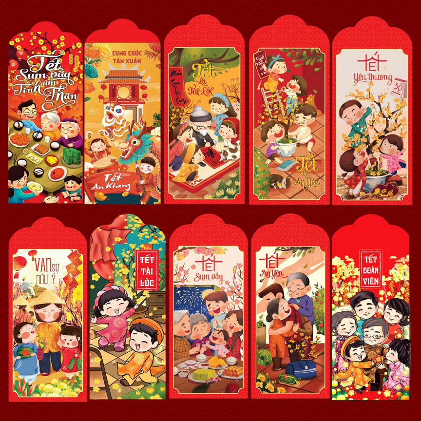 Combo 100 pcs Traditional Red Lucky Money, Dragon Chipi, Flowers and ...