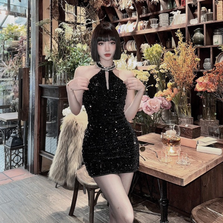 SA Sequined Dress with Bling Rhinestone Collar, Bodycon Short, Elegant ...