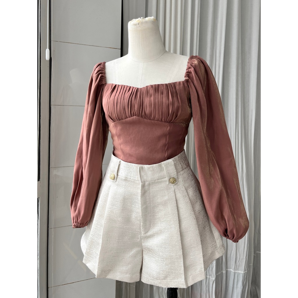 Puffed Sleeve Blouse with Metal Buckle at the Back in Bronze Color ...