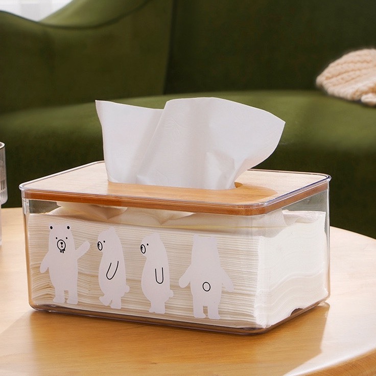 Tissue box - tissue box shaped like 4 transparent bears with wooden lid ...