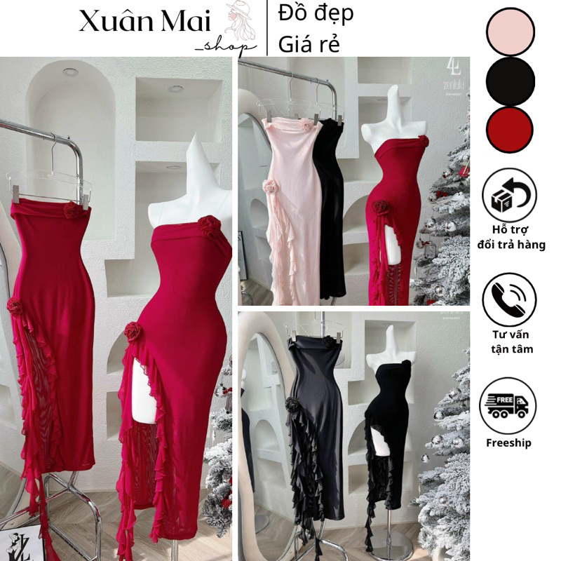 Body dress hugging chest cup with split thighs with chest flower and ...
