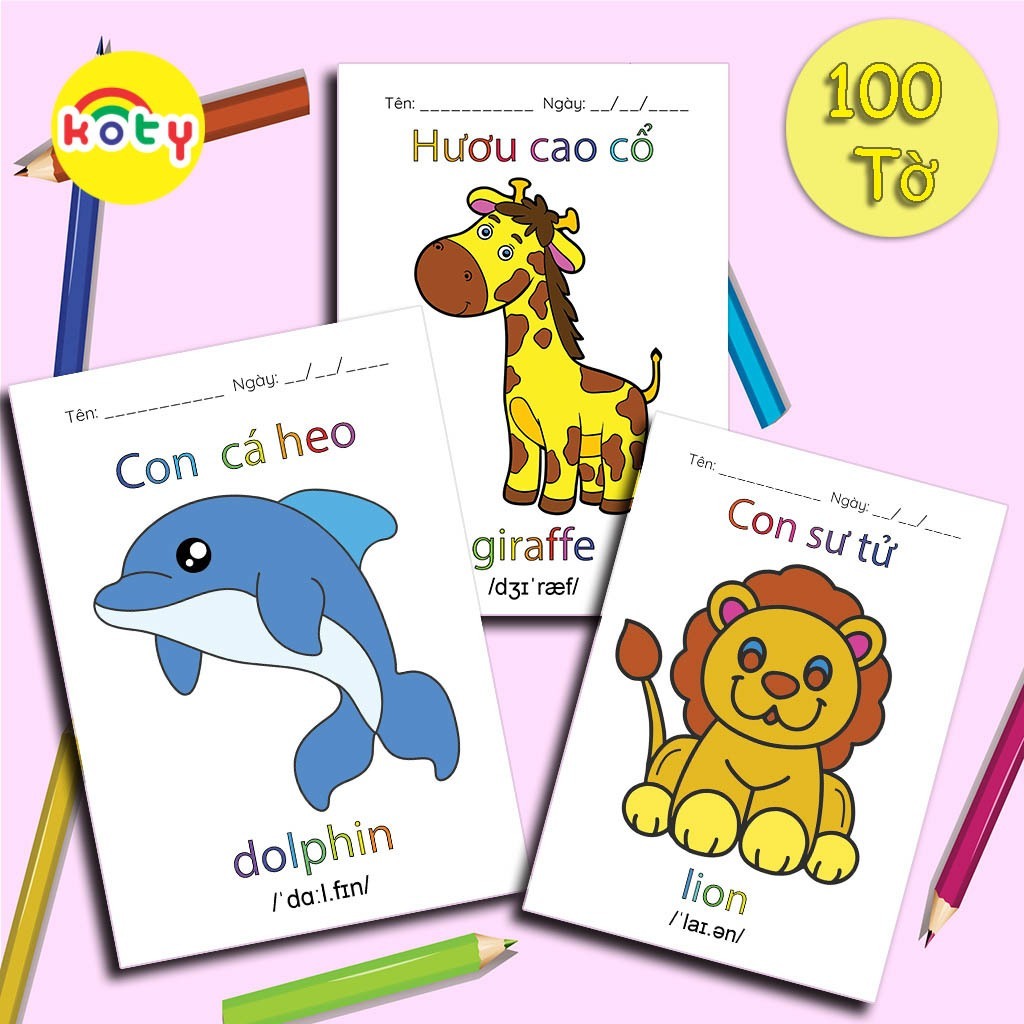Set of 50 - 100 Cute Animal Coloring Pages Bilingual English and ...