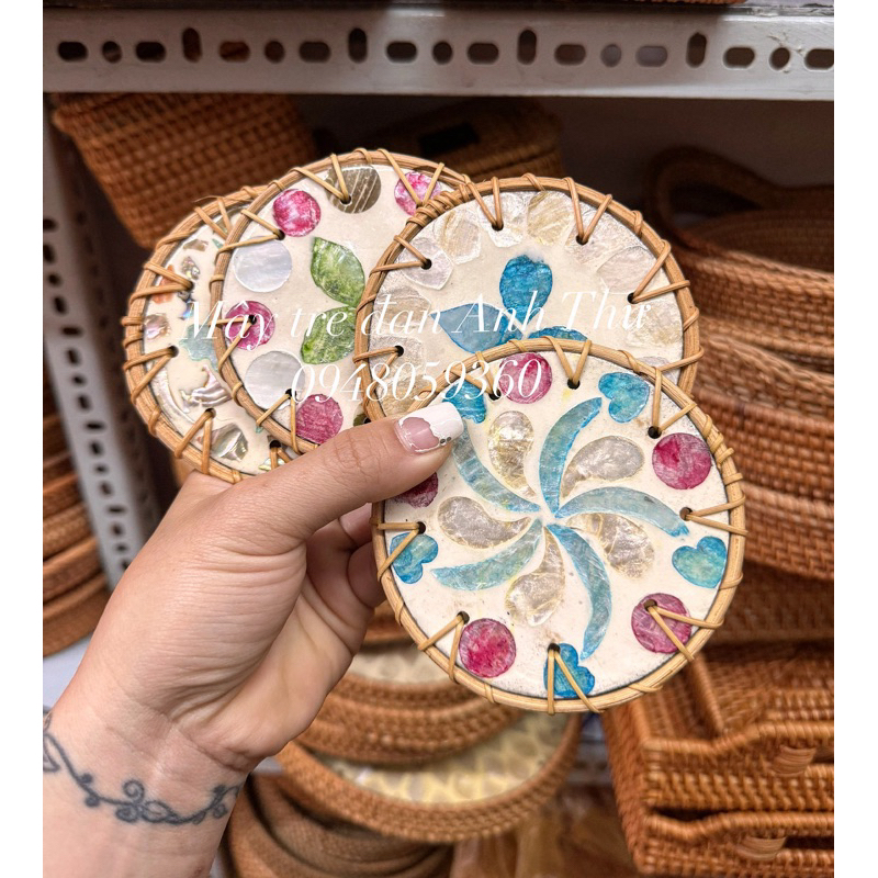 Rattan coasters with mother-of-pearl stone surface, rattan coasters ...