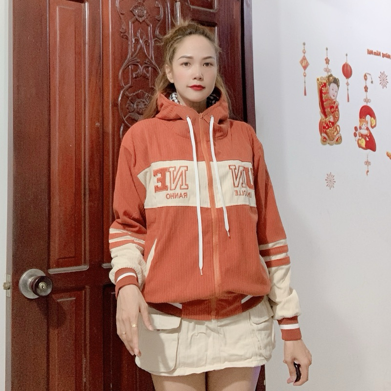 Real Picture Jacket Velvet Ribbed Plaid Lining SUN Letter Pattern Cute ...