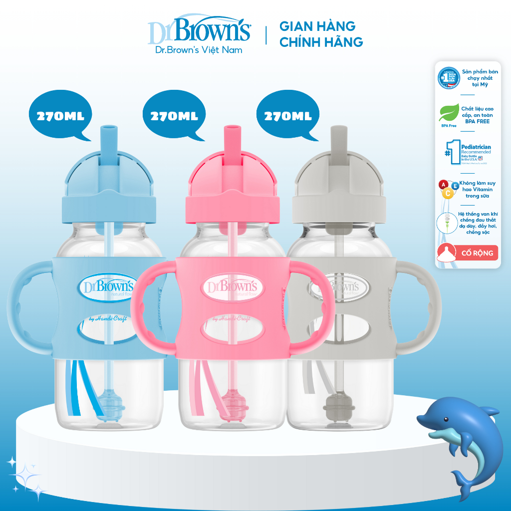 Dr Brown's PP plastic milk bottle, two handles and silicone straw, Dr Brown's wide neck 270ml ...