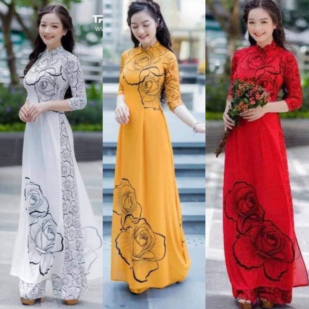 Silk ao dai model with black rose print in all colors - Hanoi Ao Dai 66 ...
