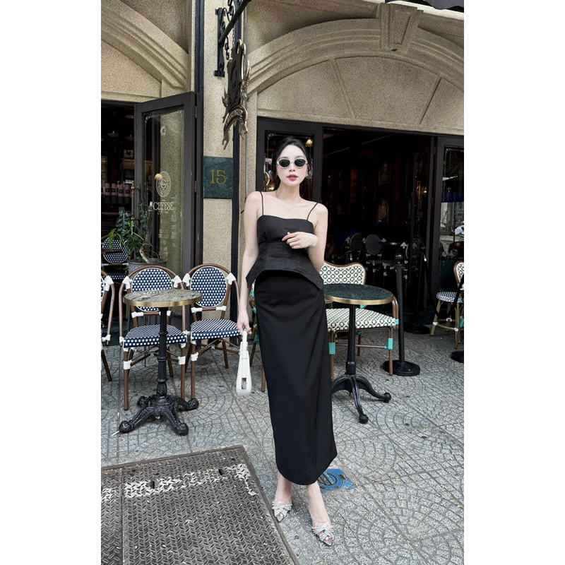 2-strap LINEN SHIRT SET MIXED WITH BLACK SKIRT IN ITALIAN CROSS FABRIC ...