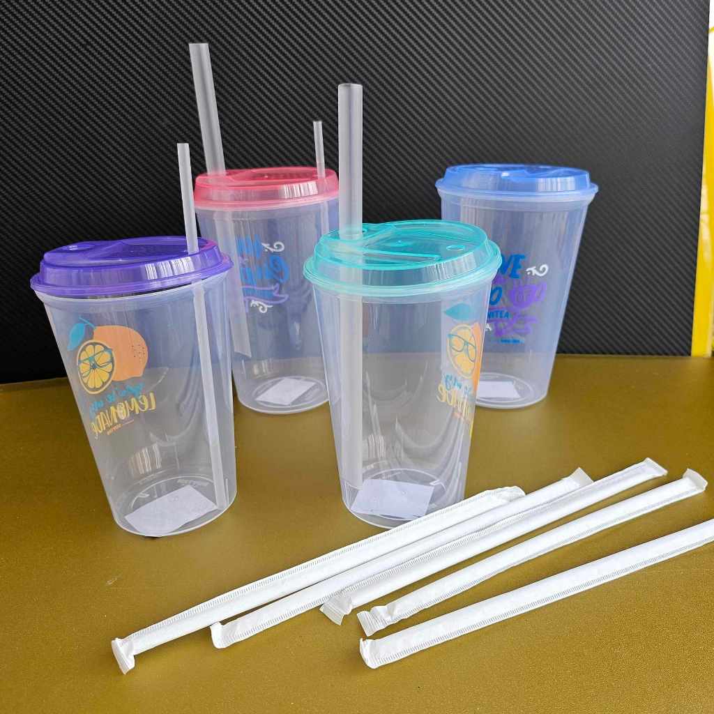 Plastic CUP WITH LID comes with 5 sterilized straws. Safe for health ...