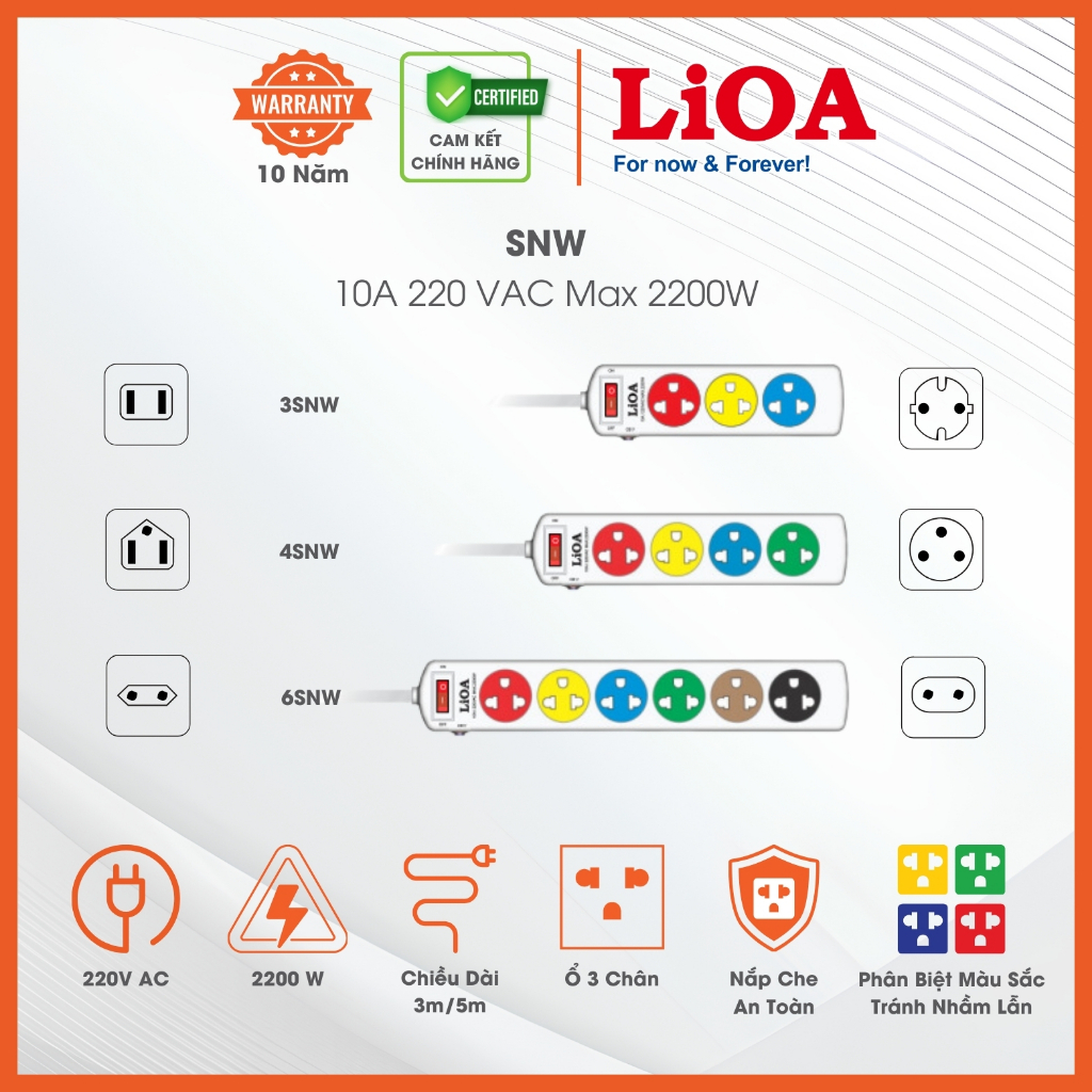 Lioa SNW Common Extension Socket White Type With Switch, CB Overload Protection Maximum Capacity ...