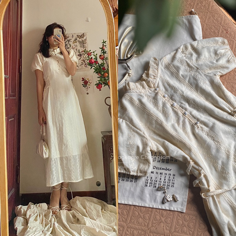 Two-layer embroidered waist dress for weddings, ceremonies, cottagecore ...