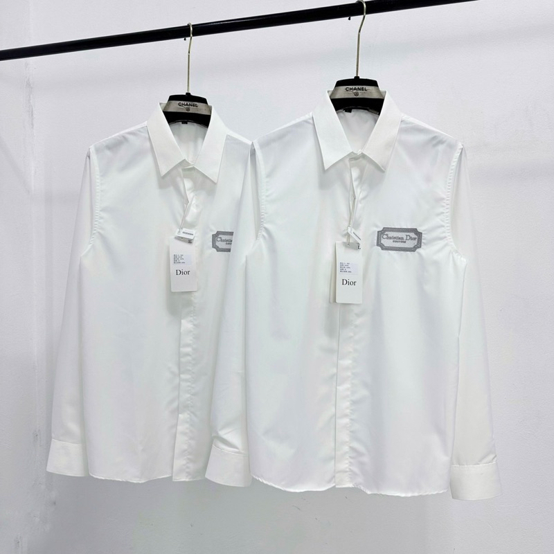 Men's long-sleeved white CD shirt in plain candle silk fabric ...