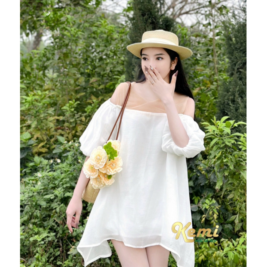 Babydoll dress with puffed sleeves and stylized Kemi mesh with pearls and off-the-shoulder ...