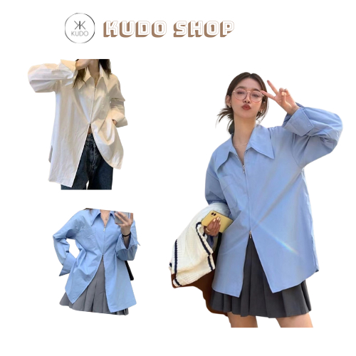 Basic 1-pocket shirt with white / blue from wide long-sleeved unisex ...