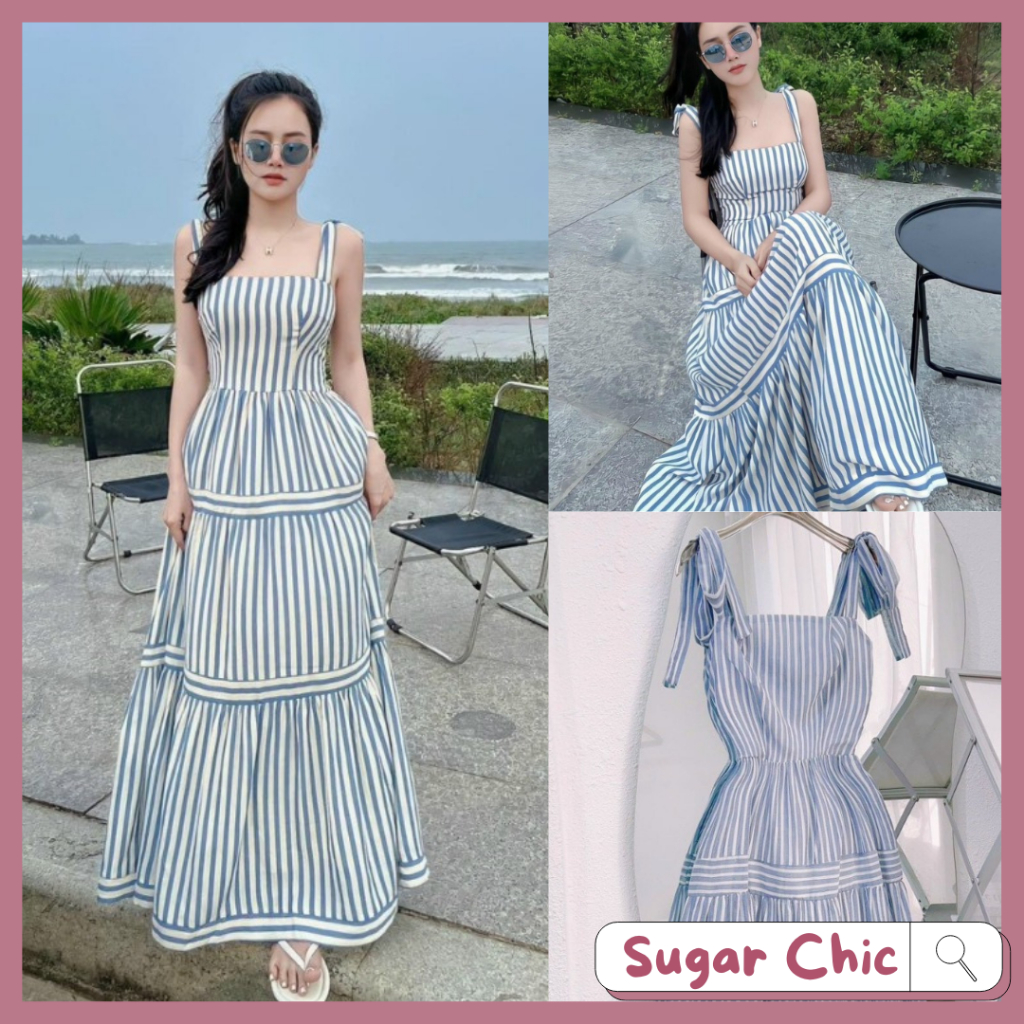 Women's Silk maxi Dress With Blue Stripes Spread Out Pattern With 2 ...