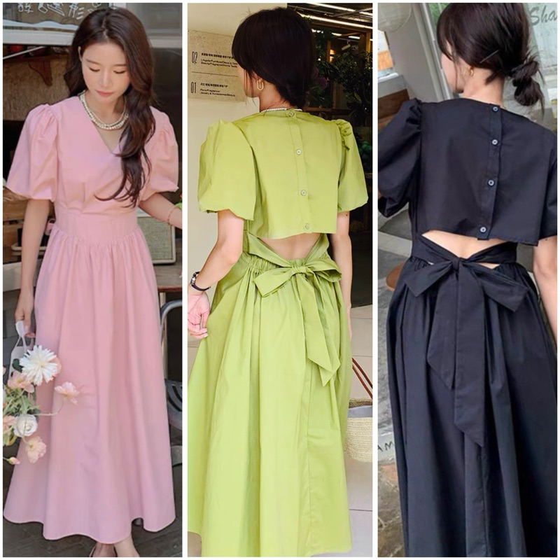 Korean style 3-color streetwear midi dress with buttons at the back ...