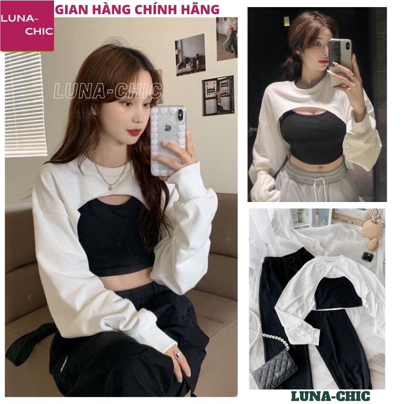Long sleeve croptop top with body hugging spaghetti straps top, ulzzang ...